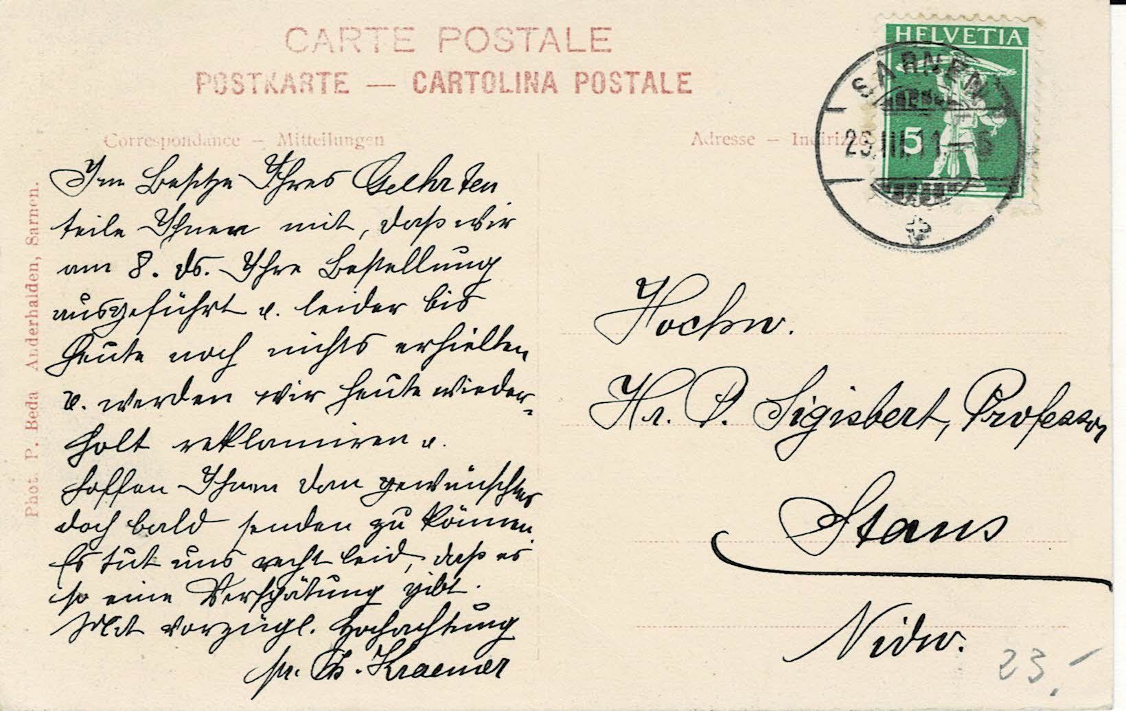 Pensionat Nikolaus von Flue SARNEN OW gel. 1911! (Gebraucht) in ...