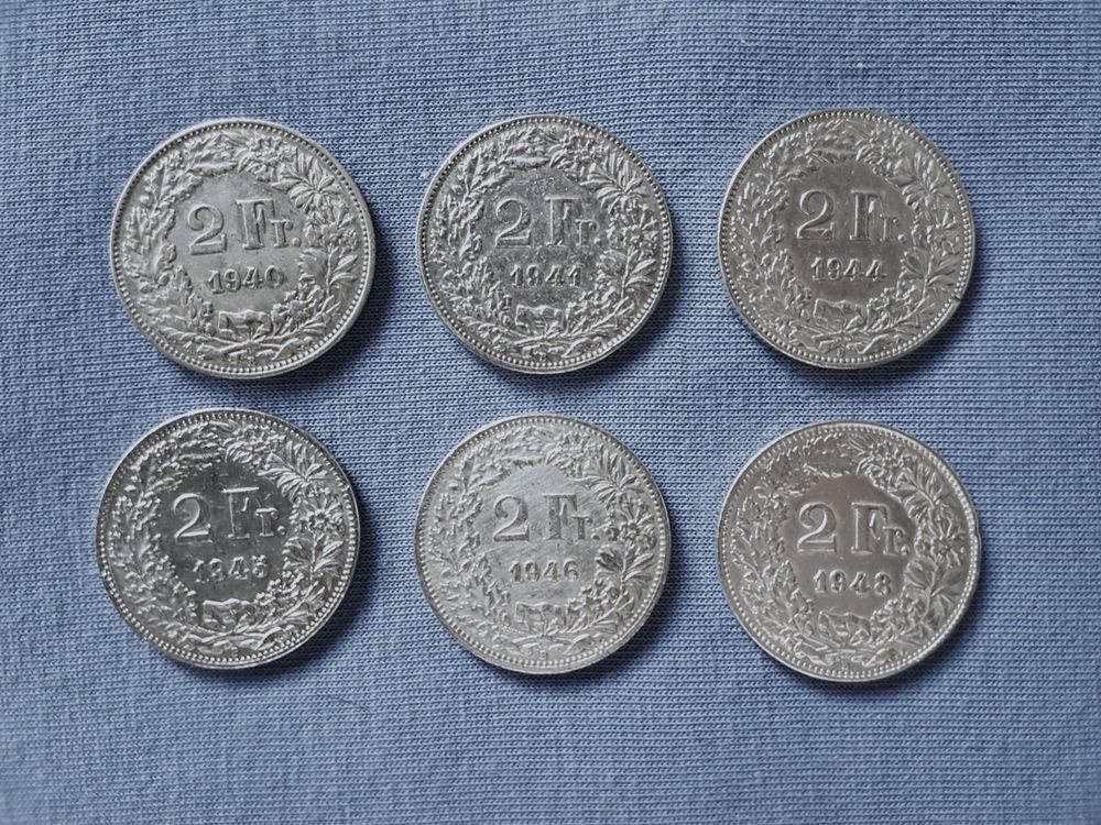 6 x 2 Fr Silbermünzen 1940-1941-1944-1945-1946-1948 ab nur 1 | Kaufen auf Ricardo