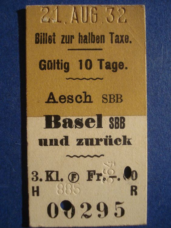SBB - 21.8.1932 - AESCH SBB - BASEL SBB - 3.Klasse (Gebraucht) in Biel/Bienne für CHF 22 – mit ...