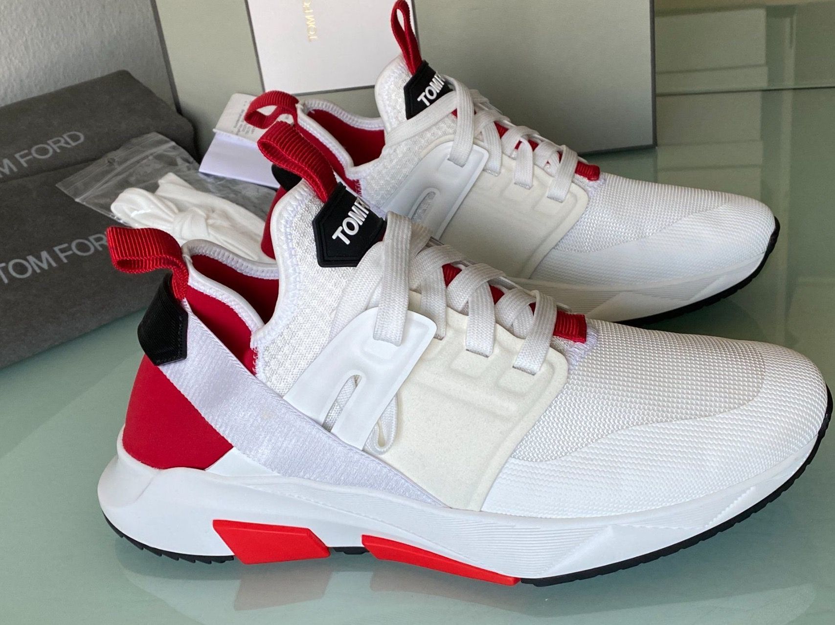 TOM FORD Jago Neoprene Mesh Suede Weiss Rot Sneakers 44 NEU (Neu und ...