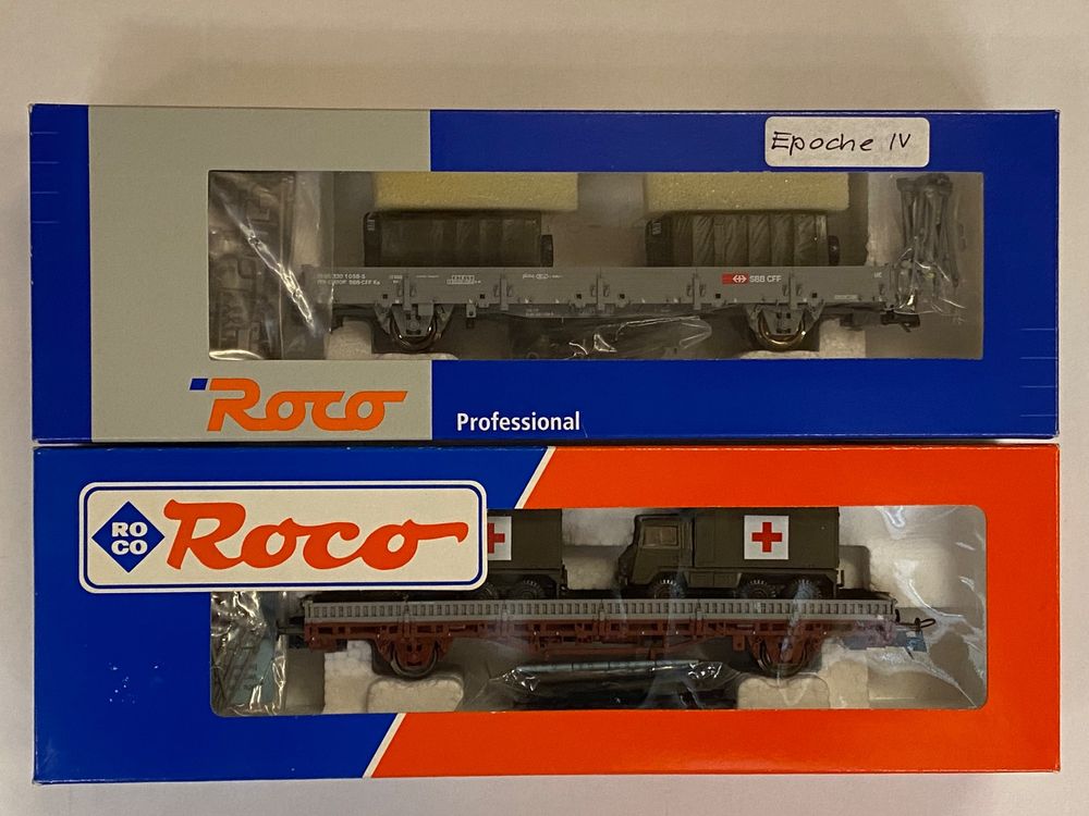2 x Roco (H0 GS) SBB Rungenwagen Ks mit Militär-Fahrzeugen (Gebraucht) in Zürich für CHF 55 ...