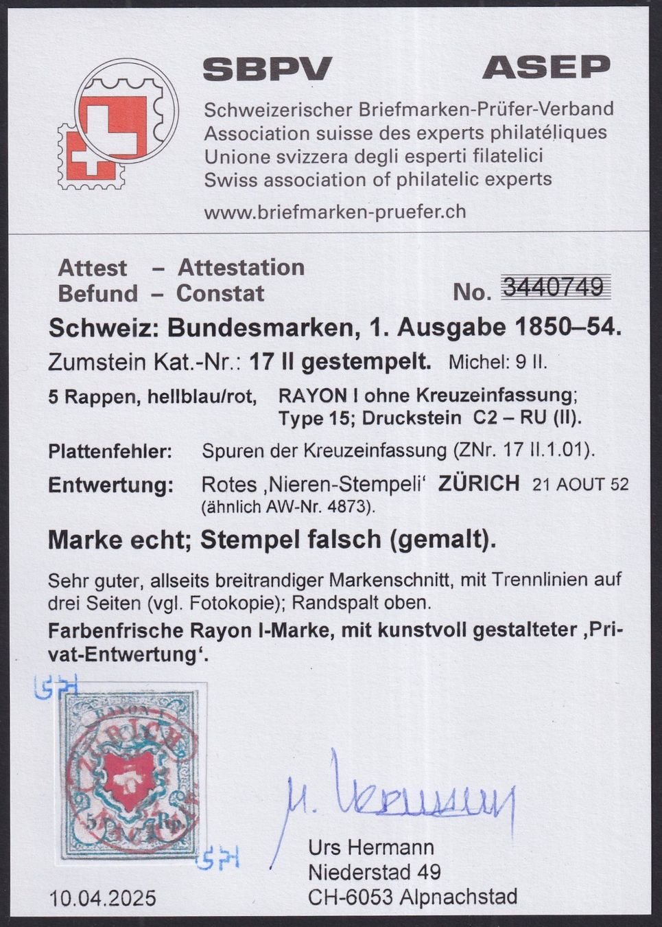 17II, T.15 C2-RU mit rotem Orts-Stempel von ZÜRICH +Befund (Gebraucht ...