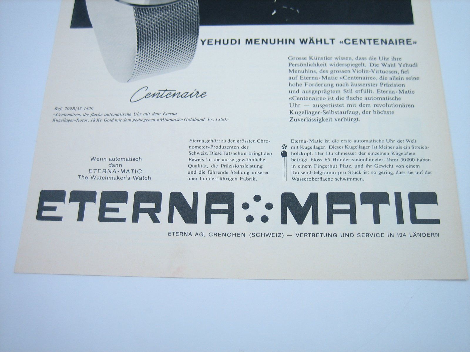 Eterna Matic Yehudi Menuhin altes Werbeblatt (Gebraucht) in Zürich für ...