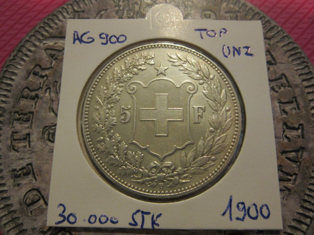 5 FRANKEN 1900 SCHWEIZ 30.000 STK AG 900 SILVER *** UNZ*** | Kaufen auf Ricardo