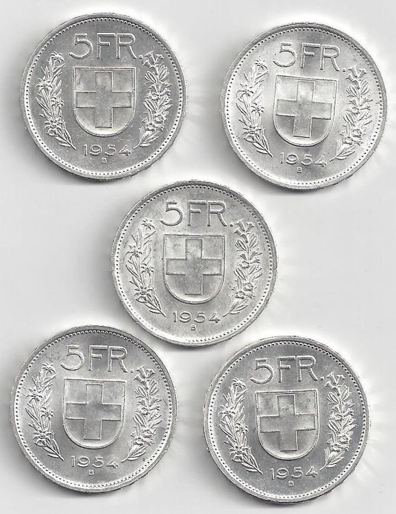 5 schöne Schweizer Silber 5 Franken-Münzen alle von 1954 | Kaufen auf Ricardo