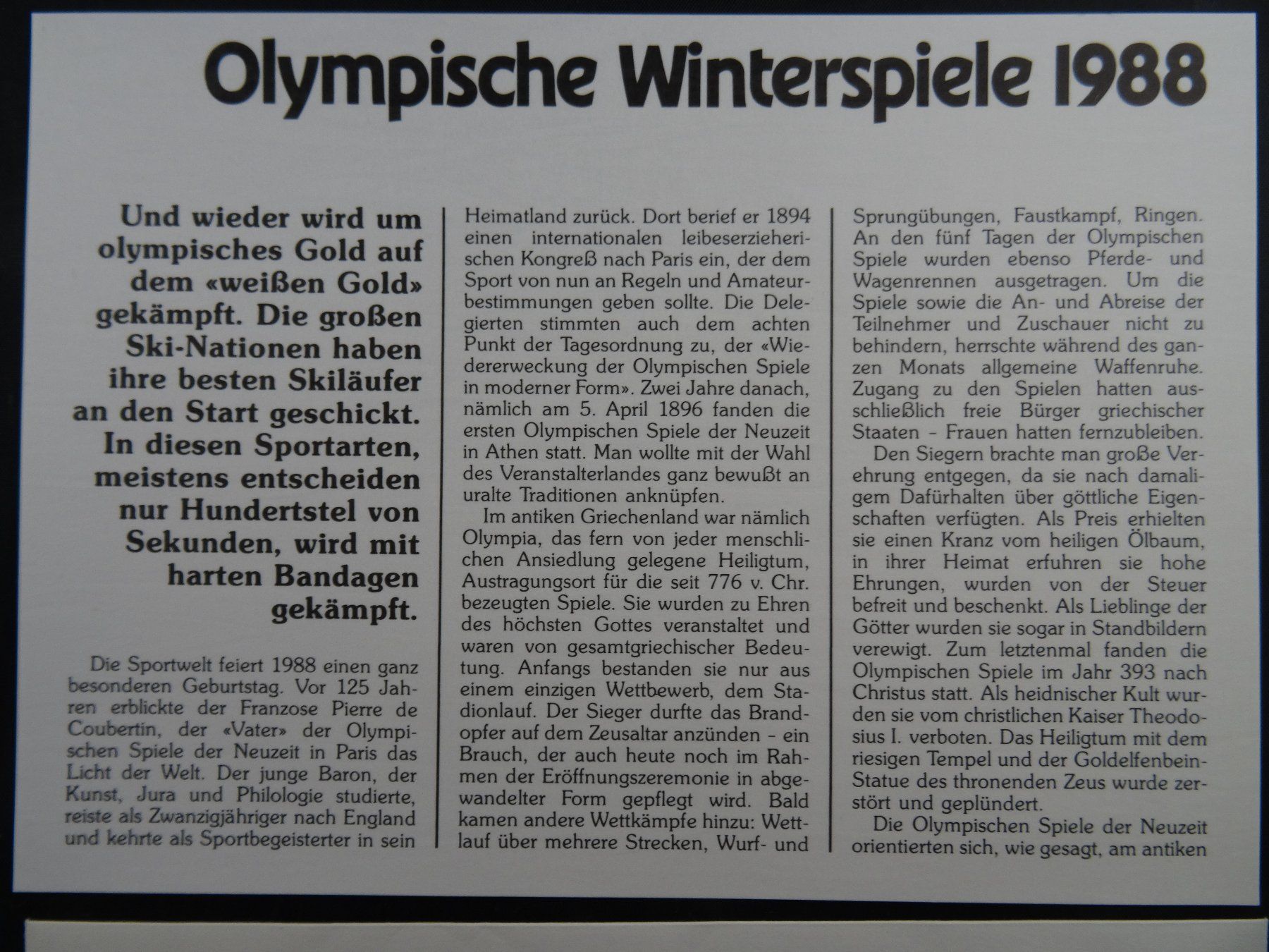 Lettre avec pièce Jeux Olympique d'hiver 1988 Ag 999.9 15g (D'occasion ...