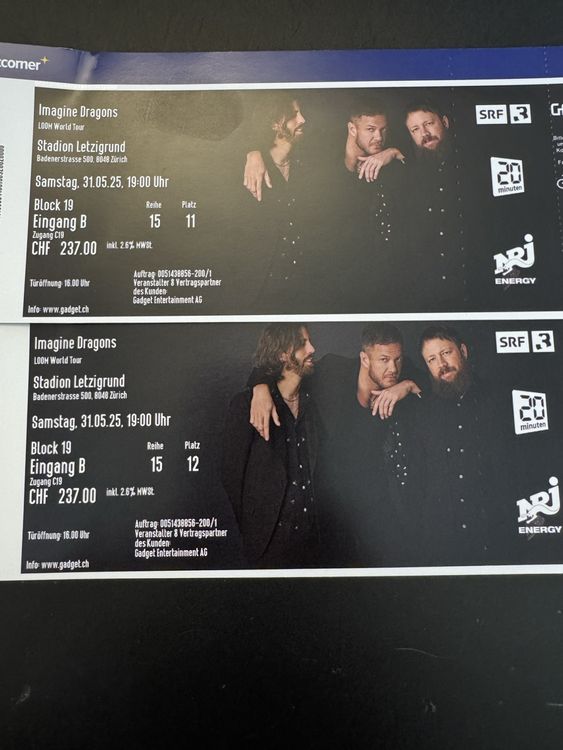 2 Sitzplatz-Tickets IMAGINE DRAGONS Zürich (Neu (gemäss Beschreibung)) in Linden für CHF 474 ...
