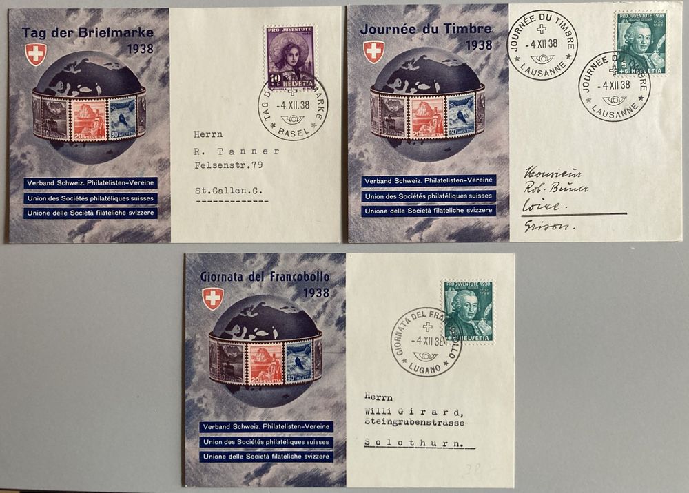 3x Tag der Briefmarke 1938 D/F/I Originalkarte, SBK 110 Fr. (Gebraucht) in Flawil für CHF 19 ...