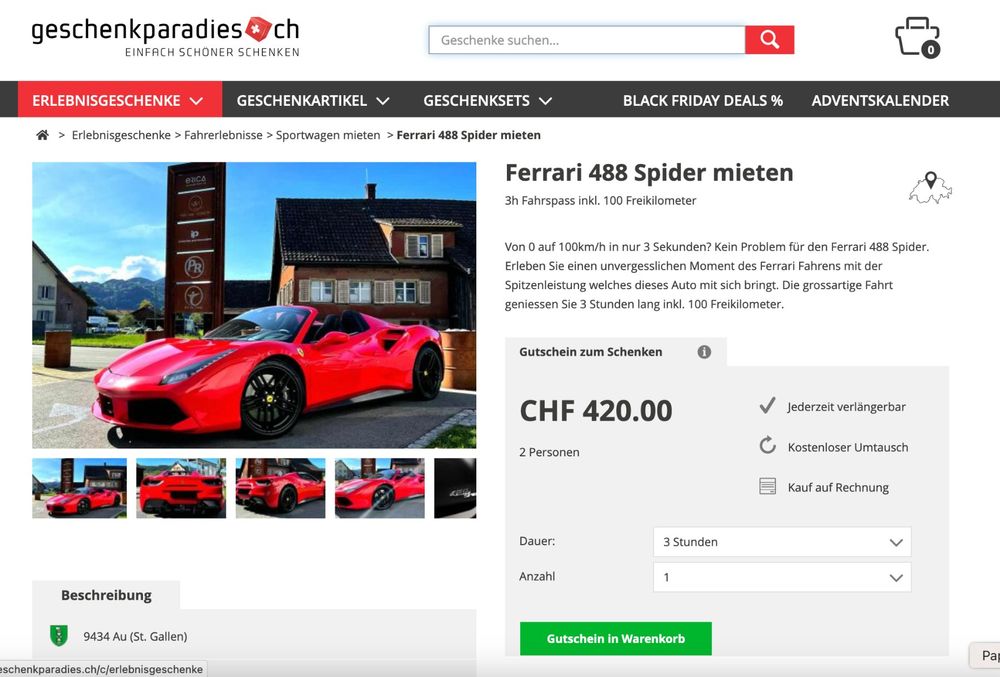 Gutschein Ferrari 488 Spider, 3h - 100km inkl. Wert 420.- (Neu (gemäss Beschreibung)) in Zürich ...