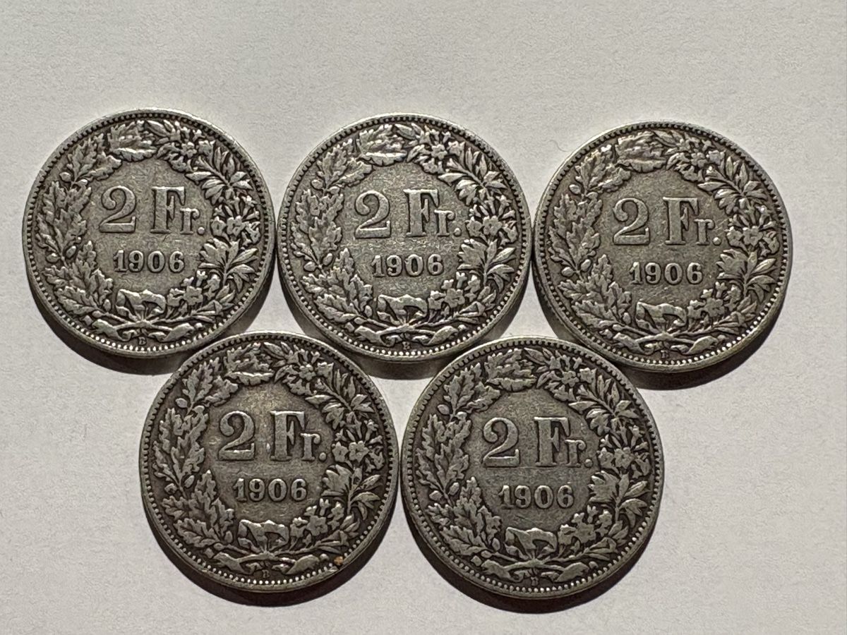 5 x 2 Fr. Silbermünzen Jahrgang 1906 - Helvetia stehend (Gebraucht) in Dietwil für CHF 40 – mit ...