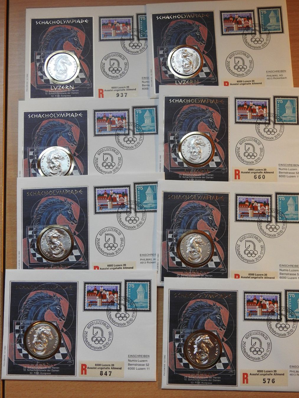 H. Erni - 8 Numisbriefe mit Schach Silber Medaillen (Gebraucht) in Rain ...