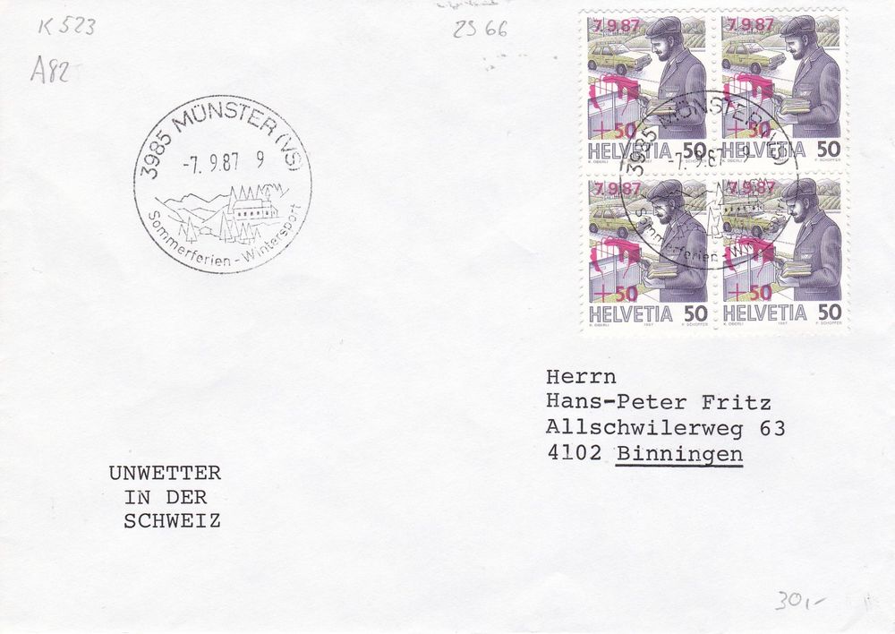 ET 4er Block Briefmarke Unwetter Schweiz - Münster VS 1987 (Gebraucht) in Binningen für CHF 2.5 ...