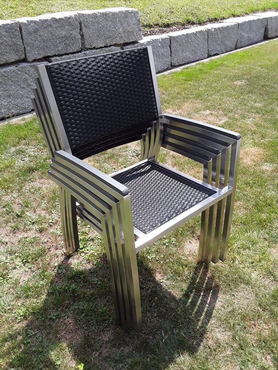 4 HUNN Edelstahl Gartenstühle schwarzes Kunststoffgeflecht (Gebraucht ...