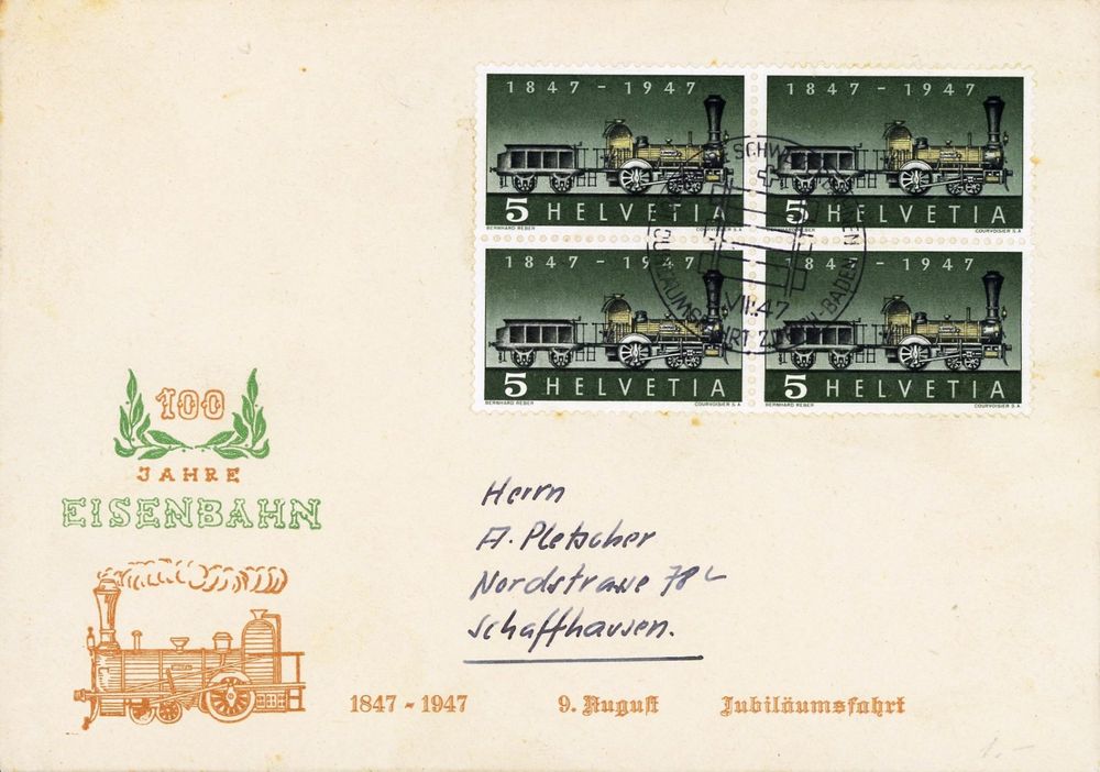 1947: Jubiläums-FDC, erste Dampflok im Viererblock (Gebraucht) in Basel für CHF 1 – mit ...