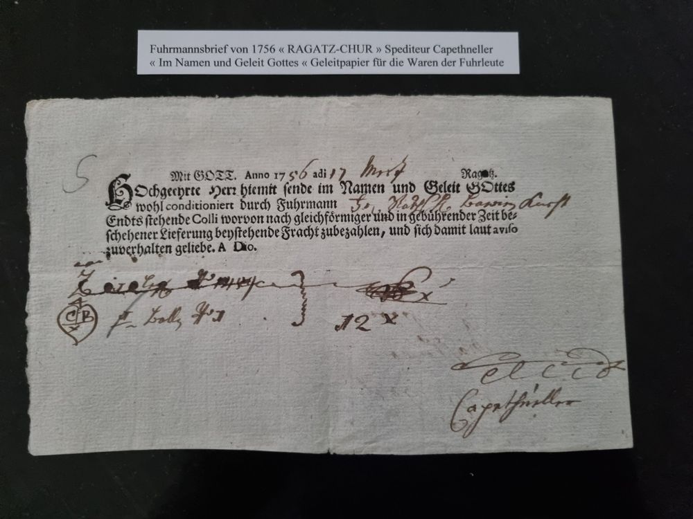 1756 : Fuhrmannsbrief Ragatz-Chur | Kaufen auf Ricardo