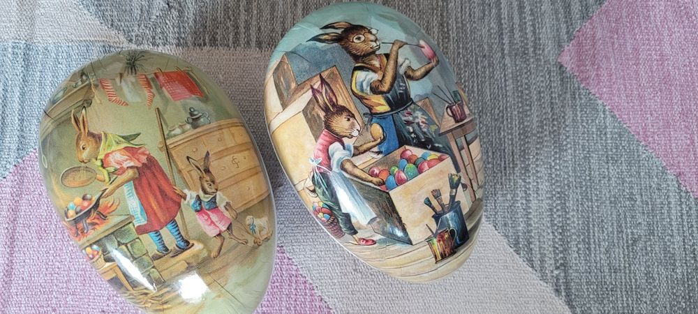 Vintage Oster-Eier aus Pappe, Hasenmotive, Deko, 2 Stück (Gebraucht) in ...