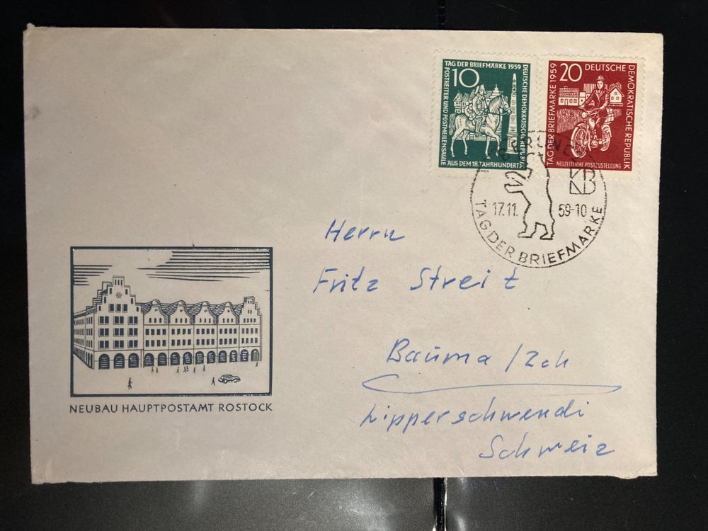 DDR 1959 Ersttagsbrief Satz Tag der Briefmarke gelaufen (Gebraucht) in Liestal für CHF 1.5 – mit ...