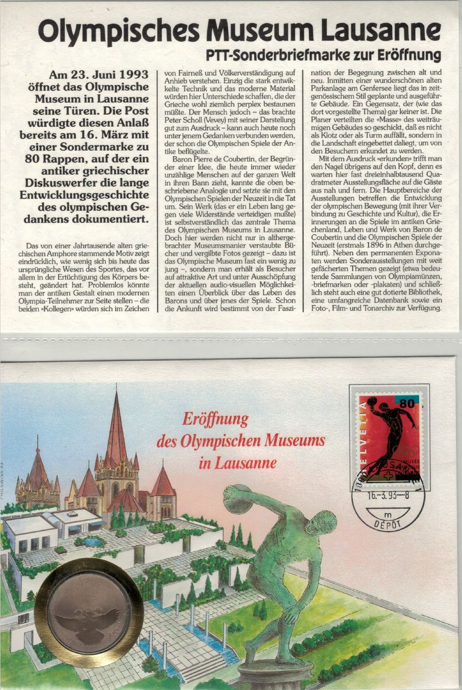 PTT Gedenkblatt 1993 Olympisches Museum mit 5 Franken 1988 (Neu und ...