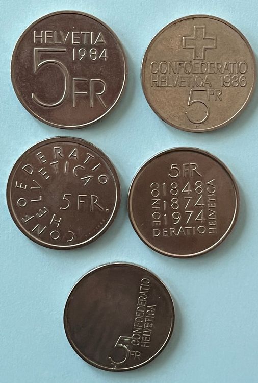 5 pièces de 5 francs suisse commémoratives 1974/75/84/86 (Gebraucht) in ...