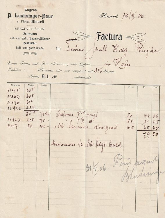 Rechnung Hinwil 1906 Luchsinger- Baur | Kaufen auf Ricardo