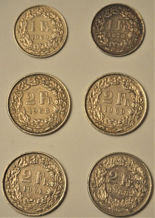 Münzen Schweiz, 6 Stück, 2 x Fr.1.--, 4 xFr. 2.--, 1968-1988 | Kaufen auf Ricardo