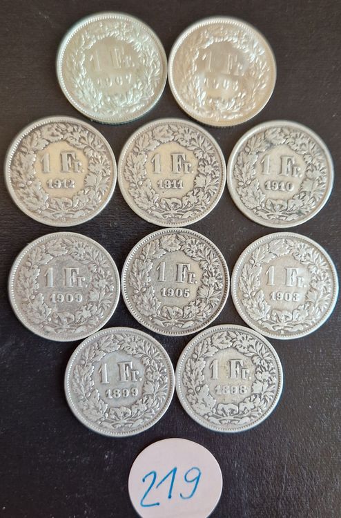 10 Silbermünzen 1 Franken Helvetia Jahrgang 1898 - 1967 (Gebraucht) in Stans für CHF 44 – mit ...