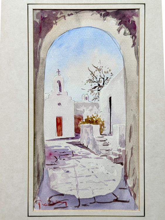 Superbe aquarelle sur carton paysage Santorin Grèce signée | Kaufen auf Ricardo