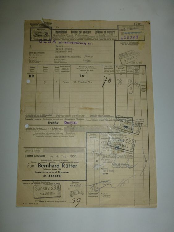 Sursee SBB Frachtbrief nach Brugg Aargau 1938 (Gebraucht) in Bettlach für CHF 1 – mit Lieferung ...