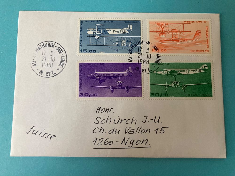 Brief Cover FRANCE SUISSE 1988 FLUGZEUG AVION LUFTFAHRT (Gebraucht) in Erlach für CHF 10 – mit ...