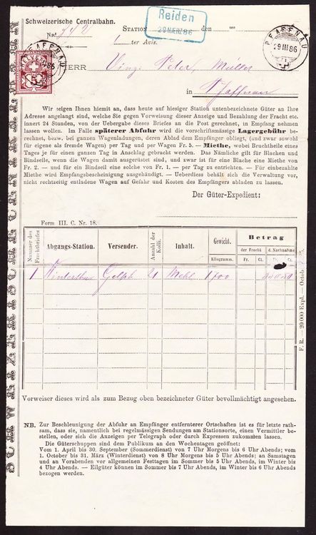 Abholschein der Centralbahn mit Nr. 60A (Gebraucht) in Bern für CHF 16 ...