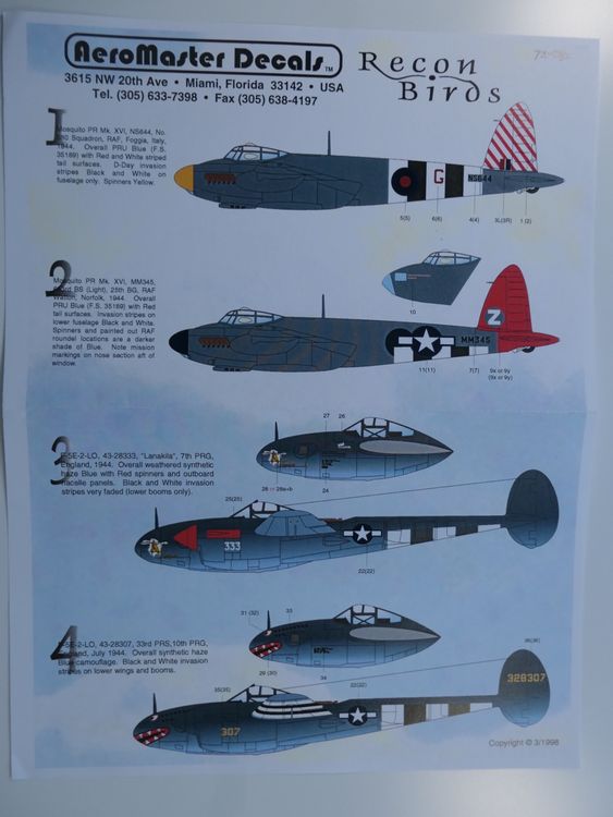 1/72 Recon Birds - Mosquito - F5E Lightning -Spitfire Mk1&IV (Gebraucht ...
