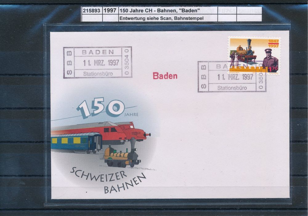 1997 "150 Jahre Schweizer Bahnen", Bahnstempel "Baden" (Gebraucht) in Winterthur für CHF 2.5 ...