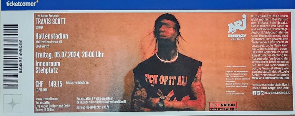 TRAVIS SCOTT Utopia 1x Stehplatz Hallenstadion Zürich 5.7.24 | Kaufen auf Ricardo