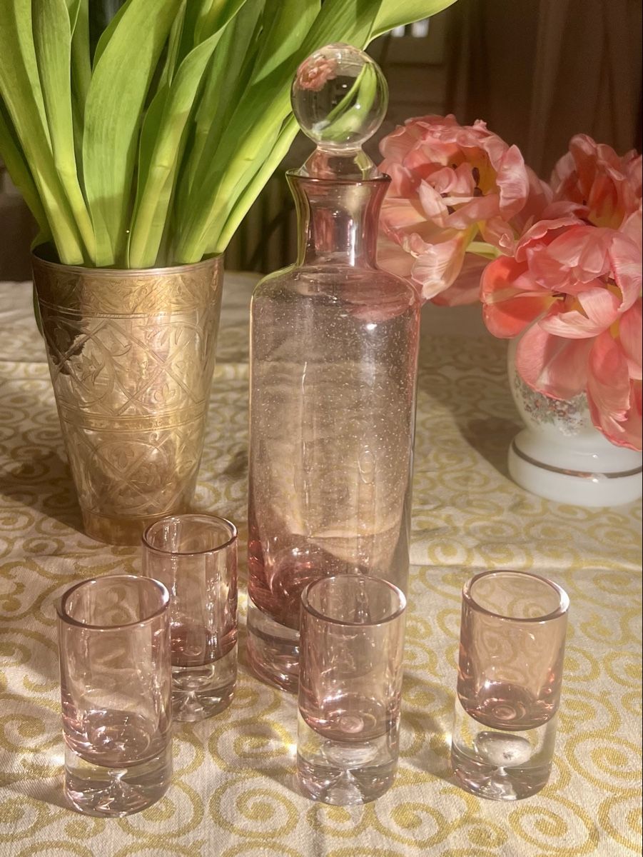 Service liqueur mauve carafe verre soufflé 4 verres assortis (D ...