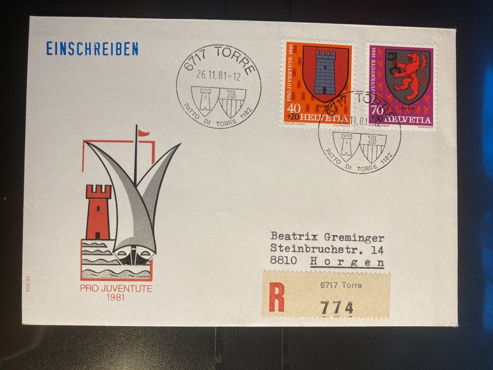 CH 1981 R-FDC PJ Wappen Torre Ortsstempel (Gebraucht) in Liestal für CHF 2.5 – mit Lieferung auf ...