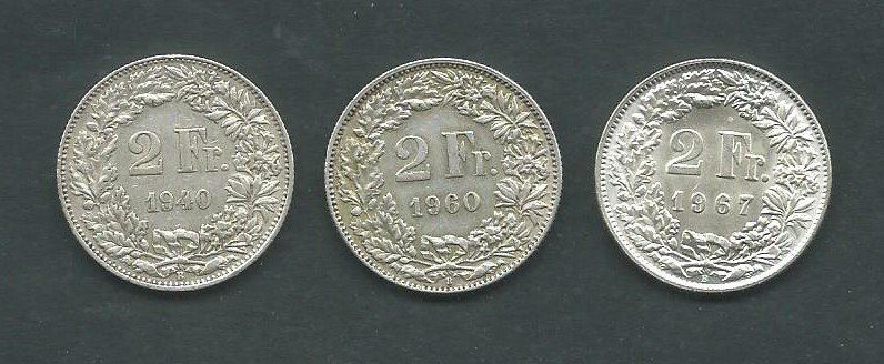 3x 2 Fr. Silbermünzen 1940, 1960, 1967 (Gebraucht) in Mönchaltorf für ...