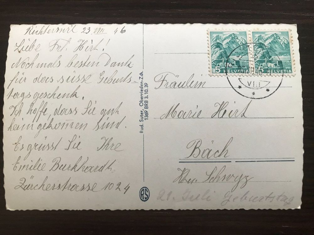 RICHTERSWIL Ortspartie mit Kirche vom Zürichsee aus, 1946 (Gebraucht) in Wald ZH für CHF 4 – mit ...