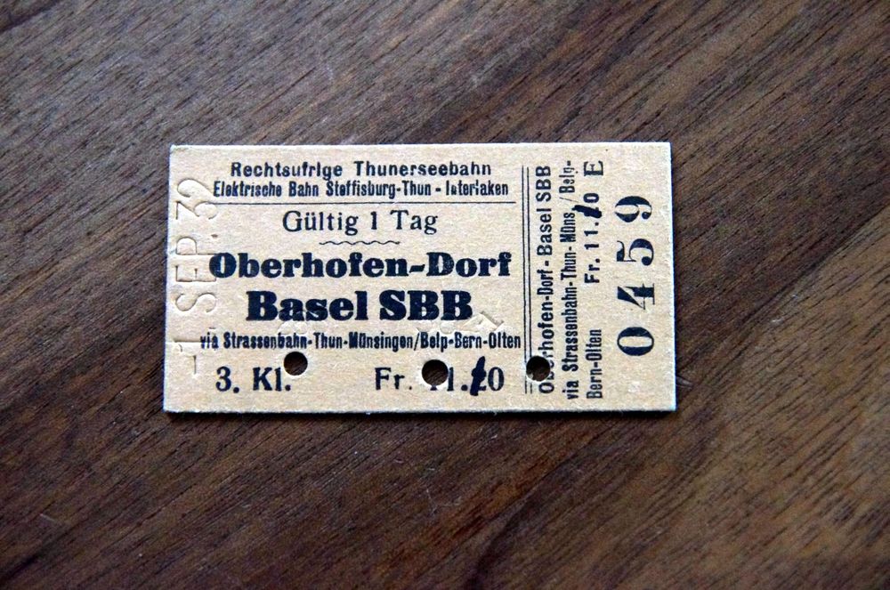 3.Kl. Billet STJ Oberhofen-Dorf - Basel SBB - 1932 (Gebraucht) in Schönenwerd für CHF 42 – mit ...