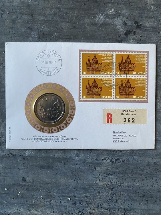 Fünffranken-Sondermünze 1975,im Ersttagsbrief mit Stemp (Gebraucht) in Embrach für CHF 25 – mit ...