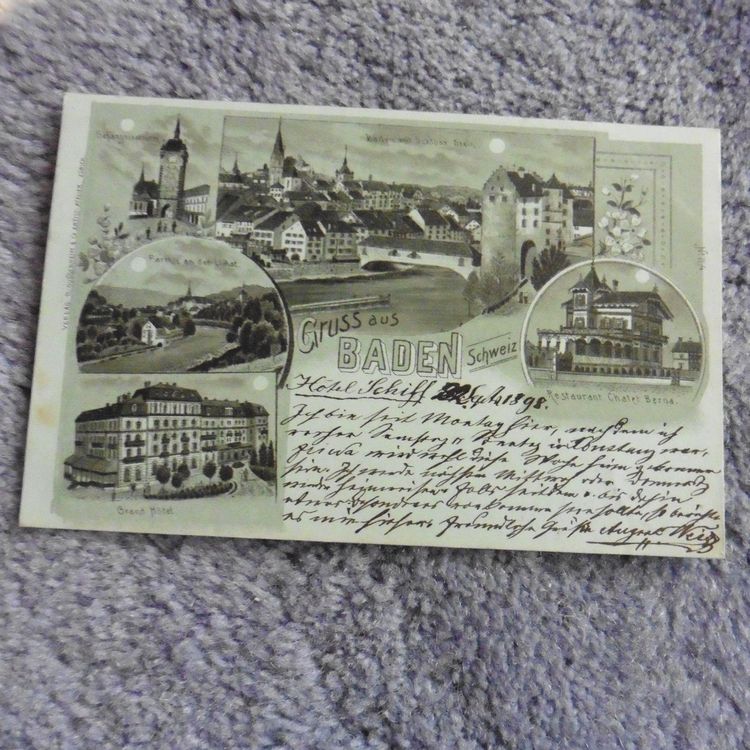 Baden,Litho,1898,Rest.Chalet Berna,Limmat,Grand Hotel,Stadt (Gebraucht ...