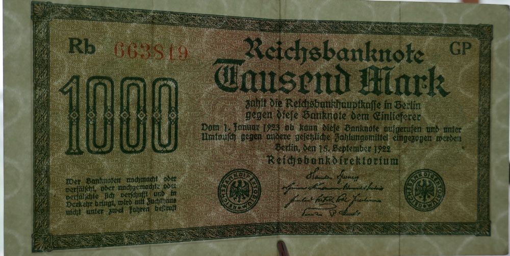 Reichsbanknote 1000 Mark 1922 (Gebraucht) in Möhlin für CHF 3 – mit ...