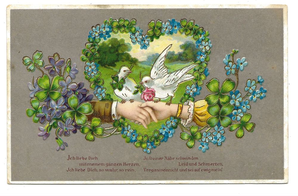 Kitsch-Karte - Herz - Hände - Tauben - Spruch - 1912 (Gebraucht) in ...