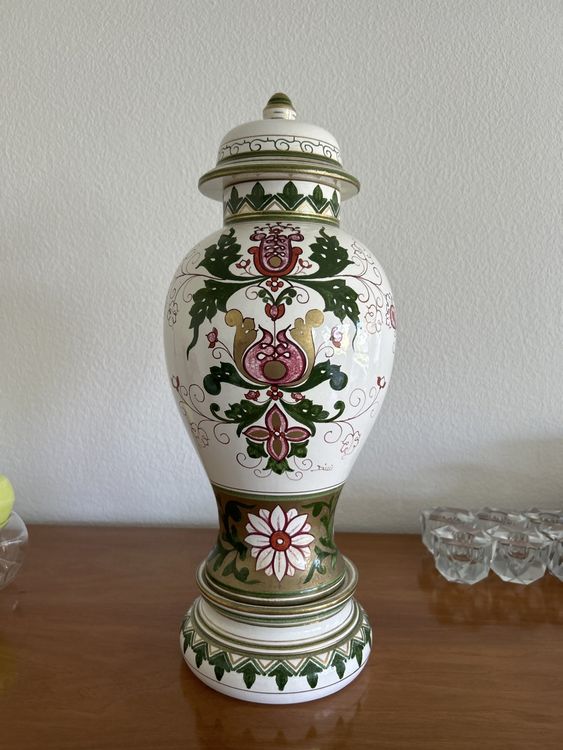 Antike Vase mit Deckel, handbemalt, grün-gold, Keramikvase (Gebraucht ...
