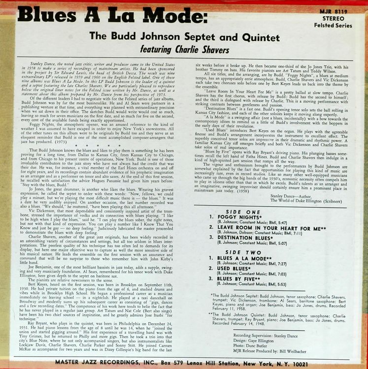 Jazz LP: Budd Johnson "Blues a' al mode" (Master Jazz Rec) (Gebraucht ...
