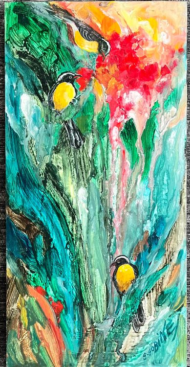 Farbenfrohes Mischtechnik mit Vögeln, Unleserlich Signiert | Kaufen auf Ricardo
