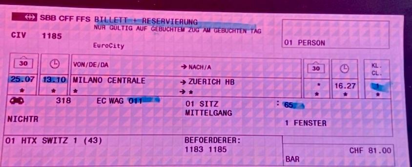 SBB Zugticket, 1. Kl., Milano -> ZH HB, 25.7.23, 13.10 Uhr | Kaufen auf ...