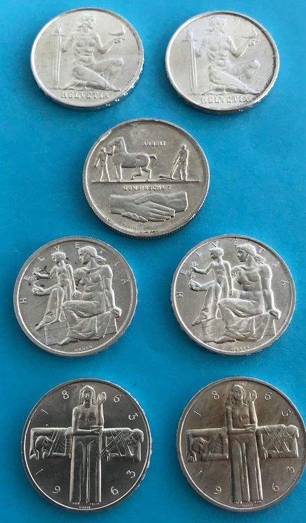 7 Schweizer Silber 5 Franken-Gedenkmünzen von 1936 bis 1963 (Gebraucht) in Zuerich für CHF 73 ...
