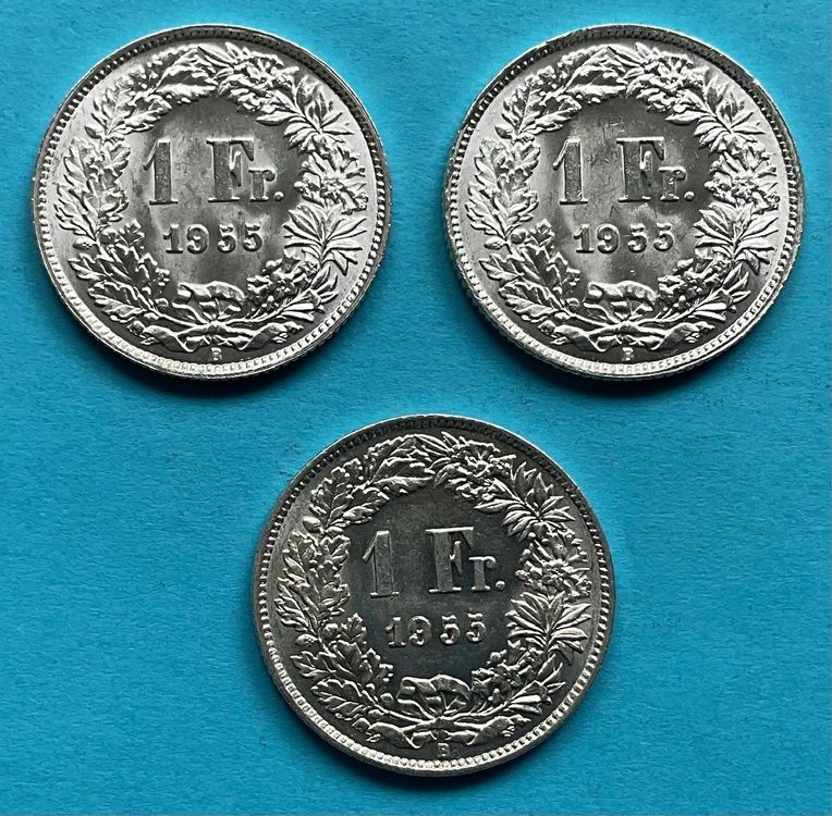 3 sehr schöne Schweizer Silber 1 Franken-Münzen von 1955 (Neu (gemäss Beschreibung)) in Zürich ...