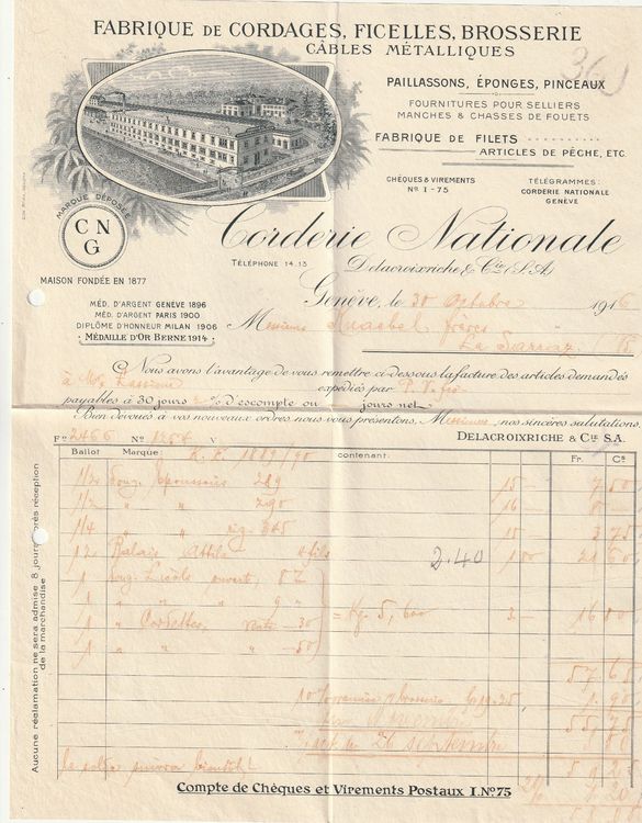 Rechnung Genf 1916 Corderie Nationale (Gebraucht) in Rorschacherberg für CHF 6 – mit Lieferung ...
