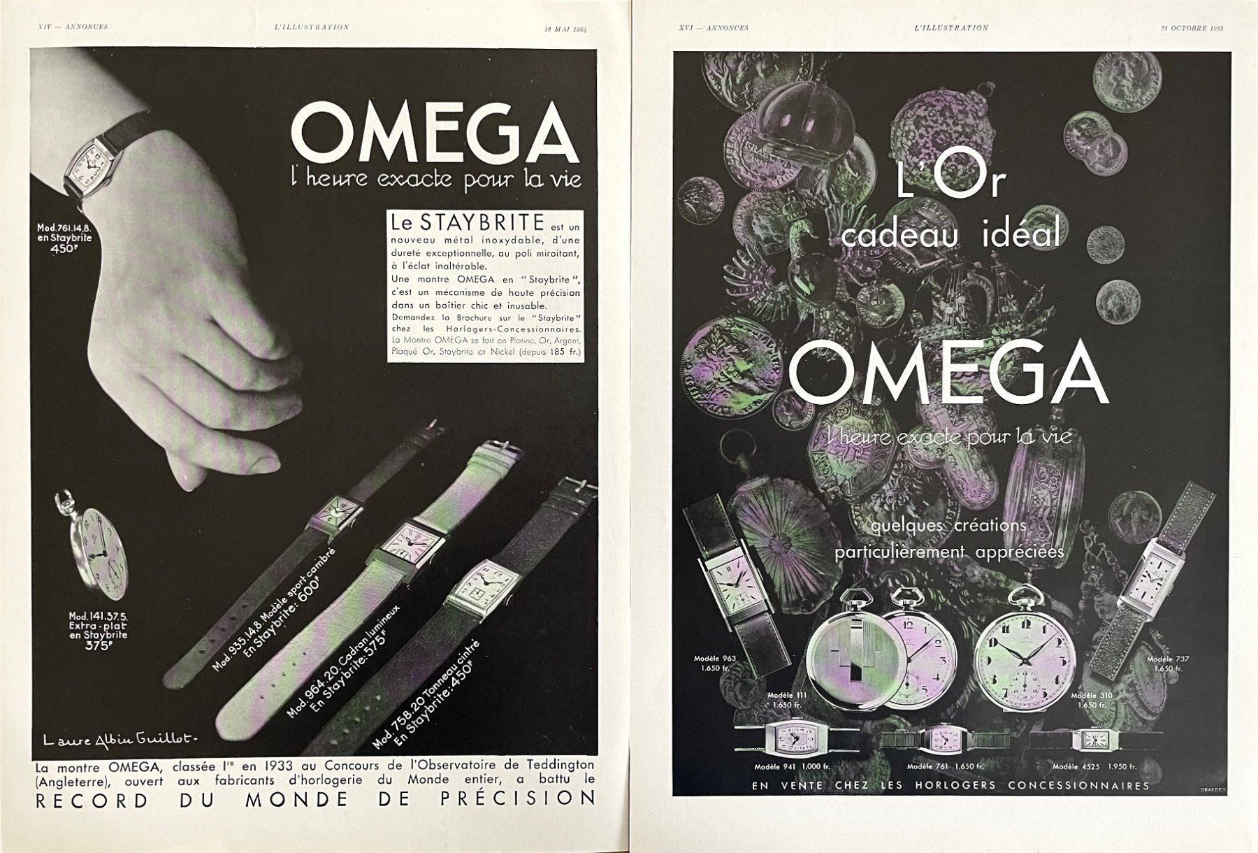 Omega Watch - 2 alte Werbungen / Anciennes publicités 1934 (Gebraucht ...